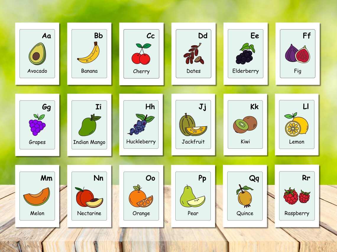 Fruits Alphabet Kids Vocabulary Flashcards, Printable Alphabet Flash ...