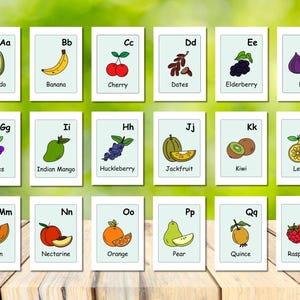 Fruits Alphabet Kids Vocabulary Flashcards, Printable Alphabet Flash ...
