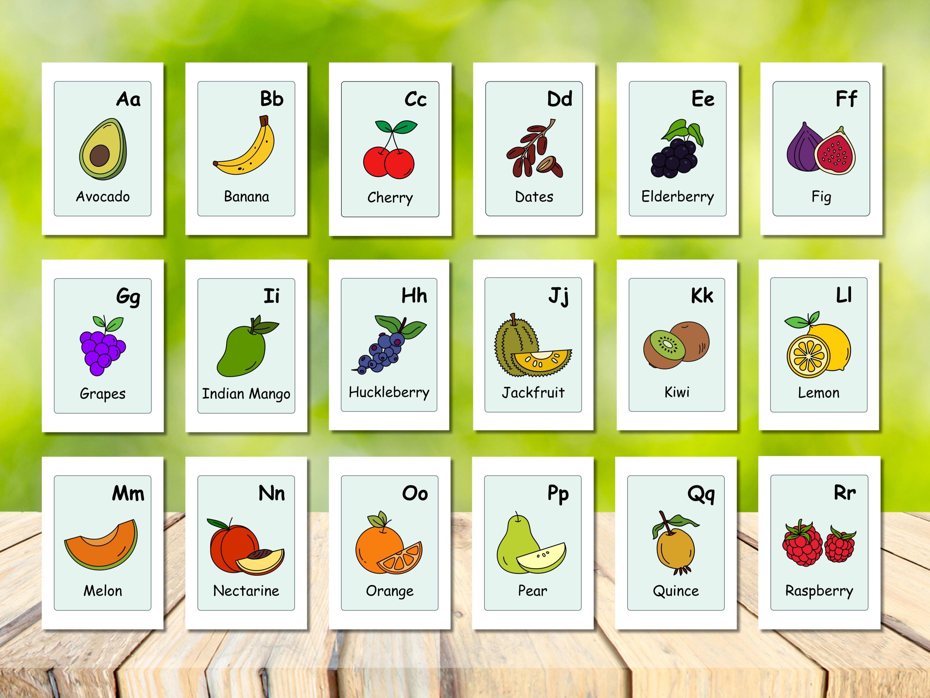 Fruits Alphabet Kids Vocabulary Flashcards, Printable Alphabet Flash ...