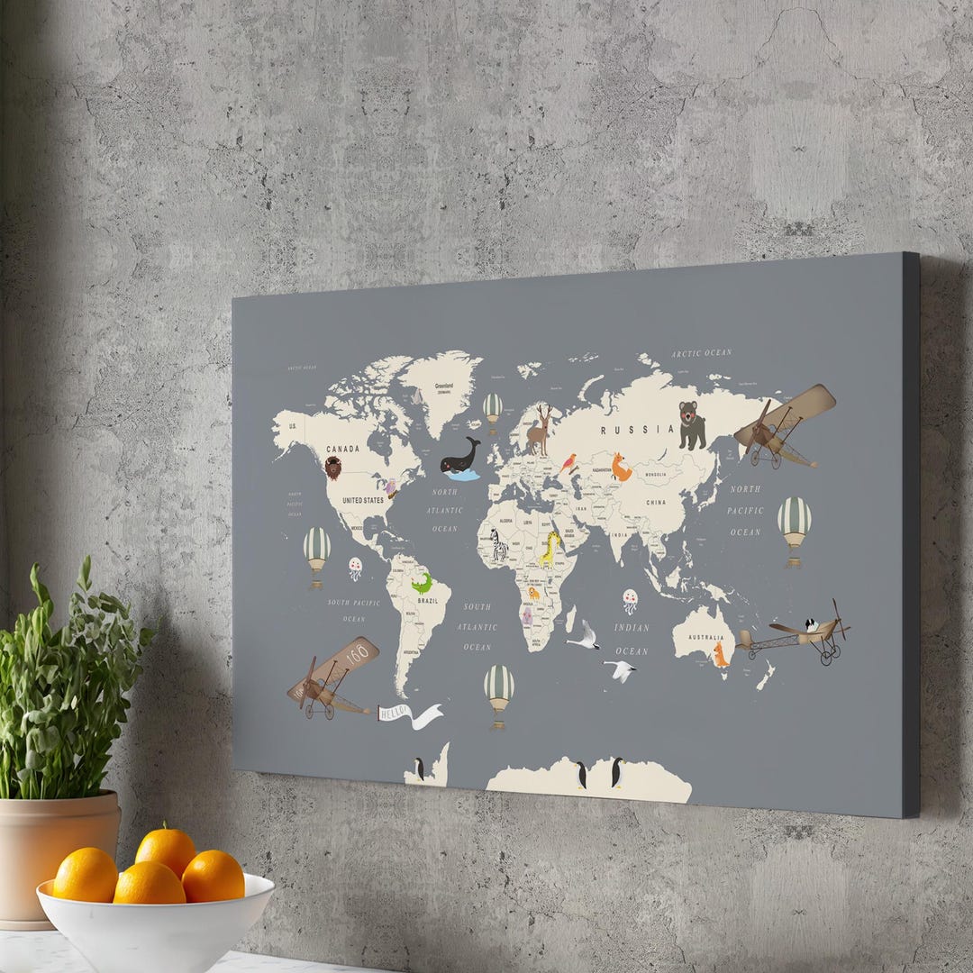 Decorative World Map Canvas Wall Art for Children's Room, Housewarming ...