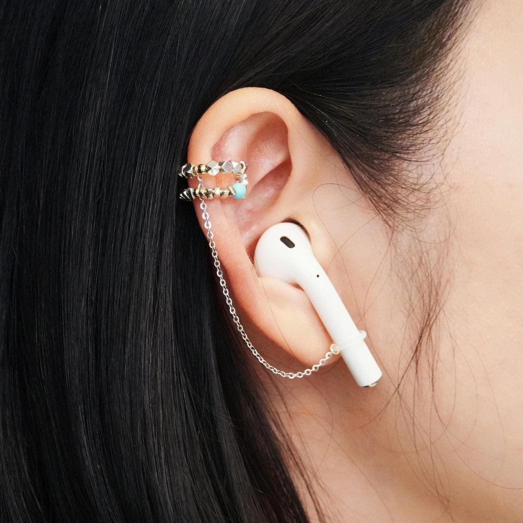 Silver Earbuds Holder Ear Cuff With Sterling Silver Beads, Non-piercing ...