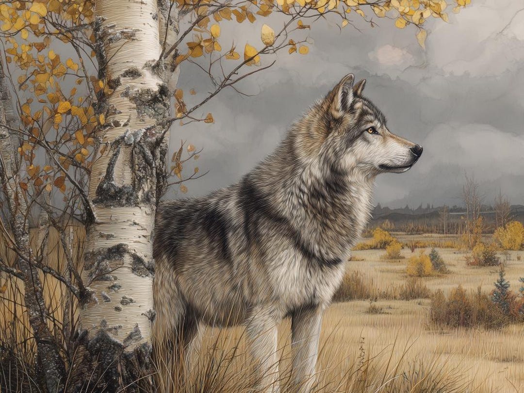 Wolf in Autumn Birch Grove Art Print, Rustic Cabin Decor (digital ...