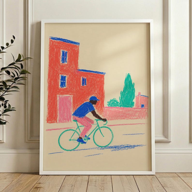 Cyclist in Mediterranean Village, Contemporary Wall Art Print ...