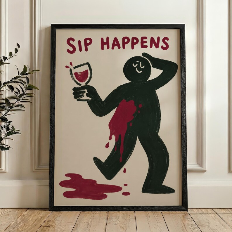 Wine Lover Figure, Minimalist Wall Art Print, Humorous Line Poster ...