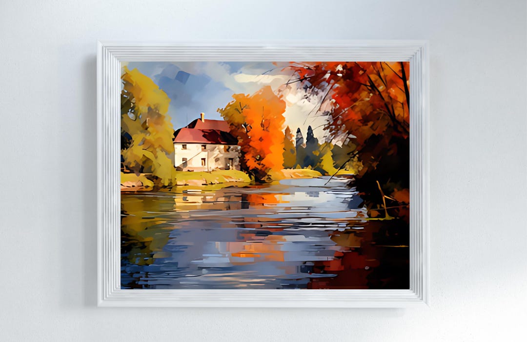 Impressionist Lake House Landscape Art Print: Rustic Scenery (digital ...