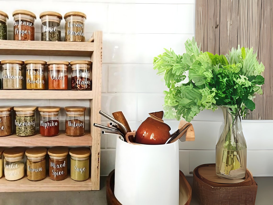 Wood Spice Rack Countertop 17.7 Inch 45cm Kitchen Storage Wall Spice ...