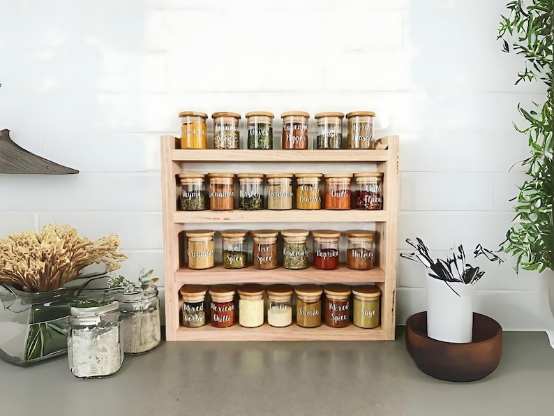 Wood Spice Rack Countertop 17.7 Inch 45cm Kitchen Storage Wall Spice ...