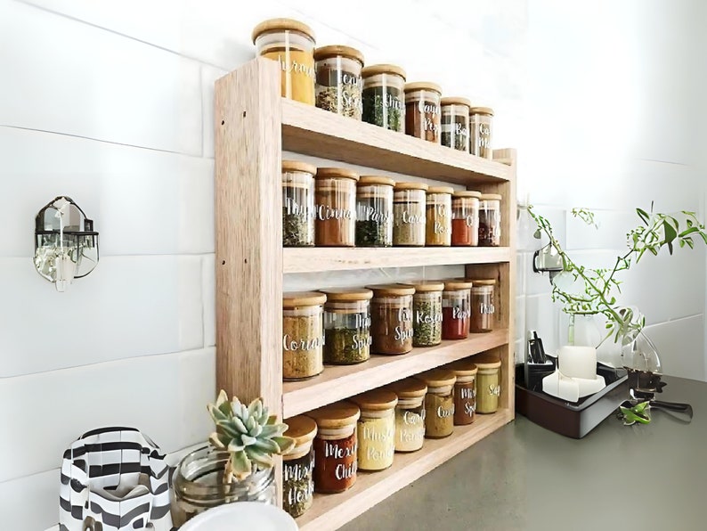 Wood Spice Rack Countertop 17.7 Inch 45cm Kitchen Storage Wall Spice ...
