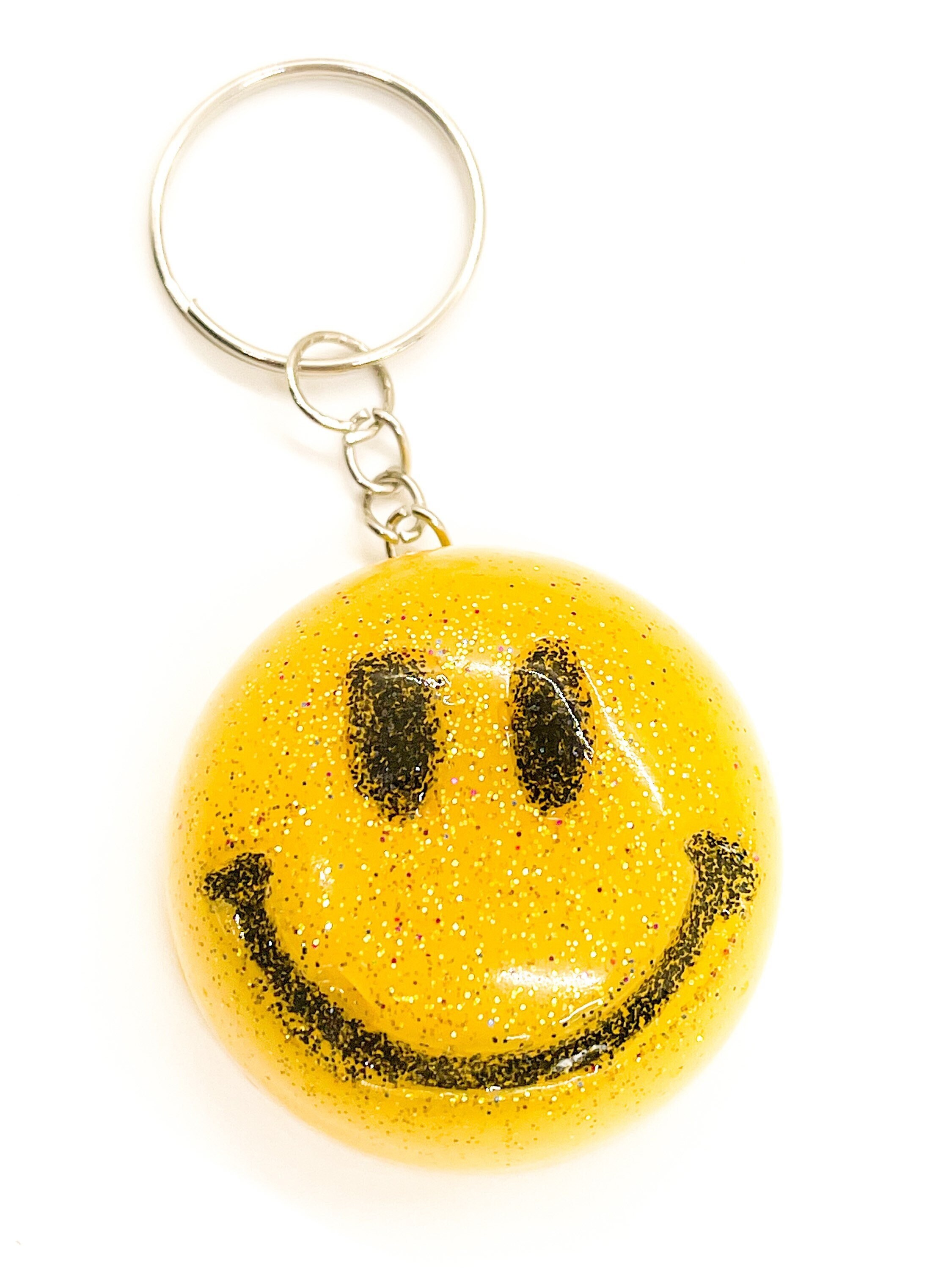 Smiley Face Key Chain, Yellow Sparkly Emoji, Gift for Kid, Happy Face ...