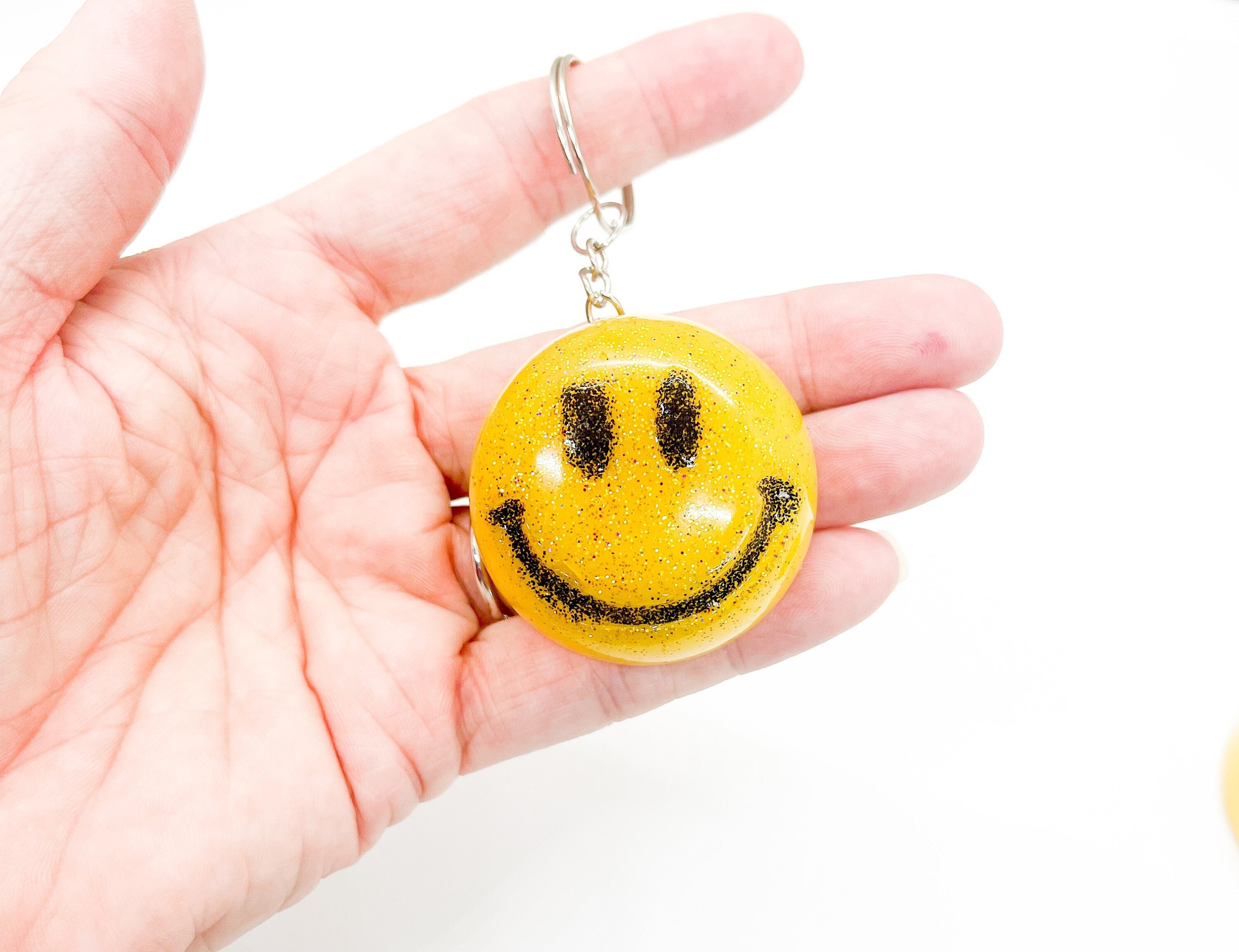 Smiley Face Key Chain, Yellow Sparkly Emoji, Gift for Kid, Happy Face ...