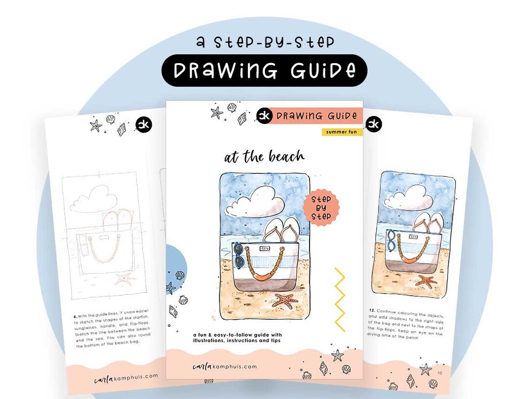 How to Draw Tutorial: at the Beach Step by Step PDF Drawing Guide, Easy ...