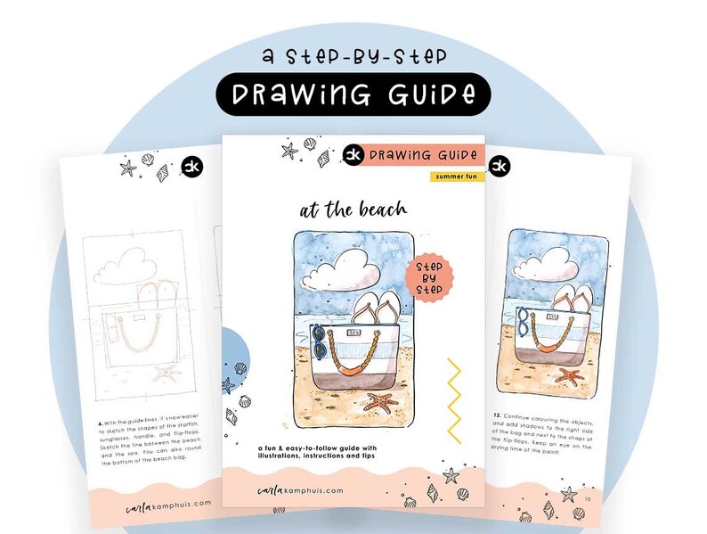 How to Draw Tutorial: at the Beach Step by Step PDF Drawing Guide, Easy ...
