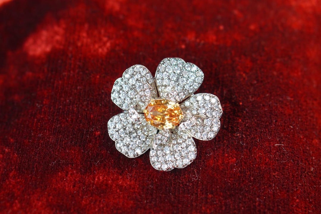 Vintage Sterling Silver Lab Diamond Flower Brooch, Yellow Sapphire ...
