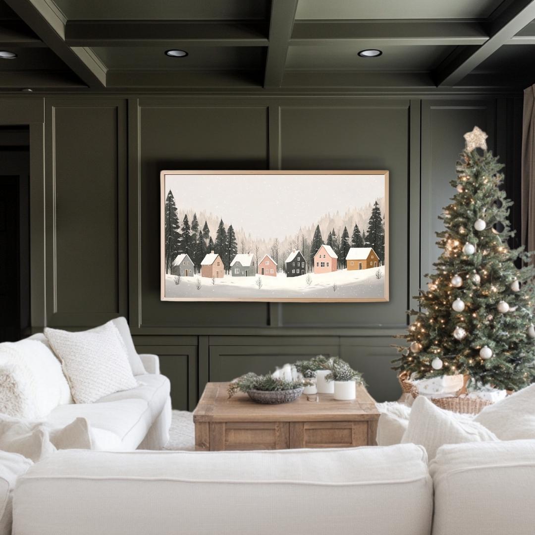 Christmas Village Frame TV Painting Pastel Winter Row Houses Digital ...