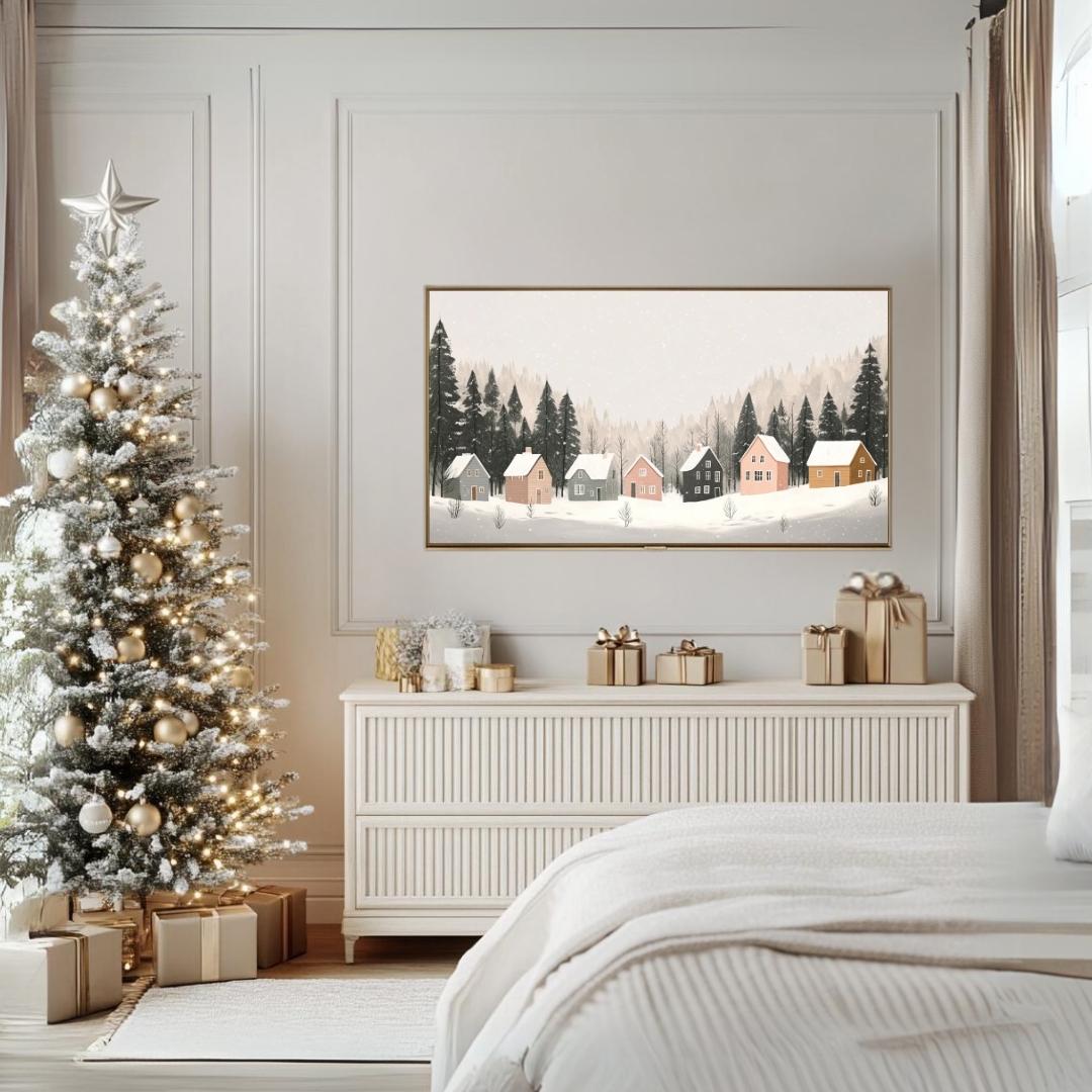Christmas Village Frame TV Painting Pastel Winter Row Houses Digital ...