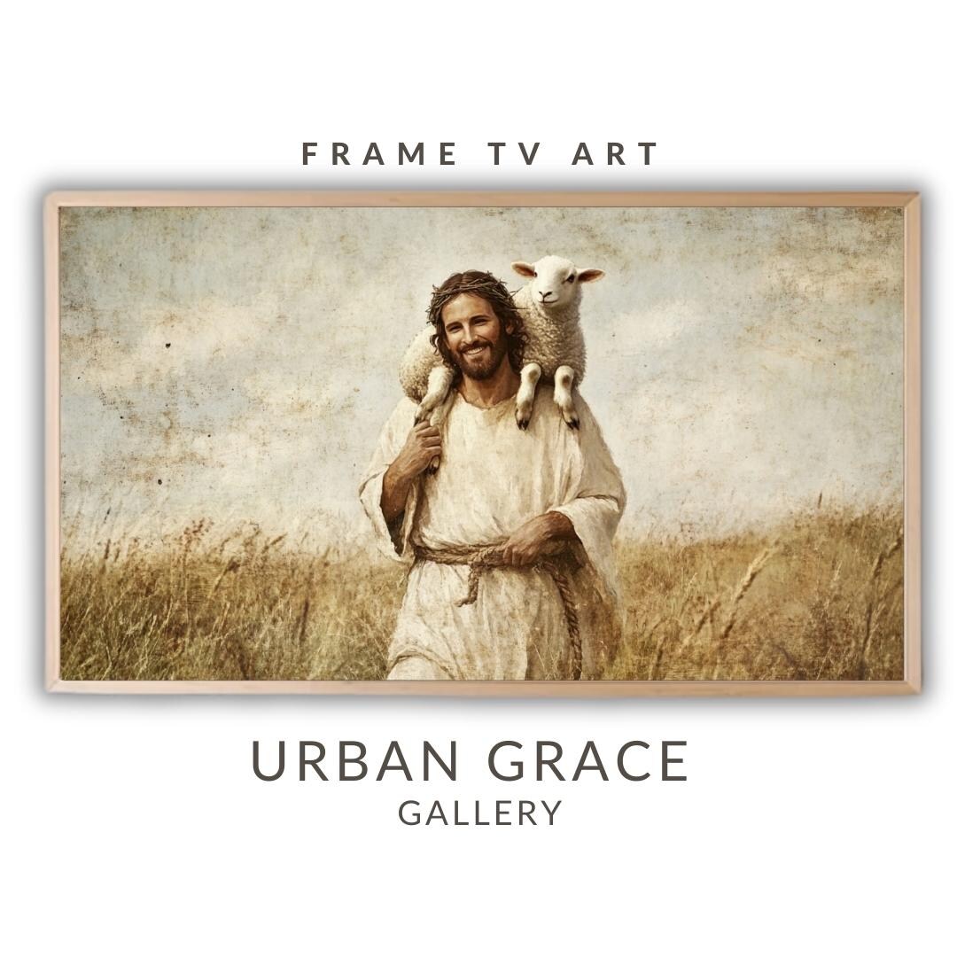 Jesus & Lamb Frame TV Art, Peaceful Sheep Rustic Farmhouse Landscape ...