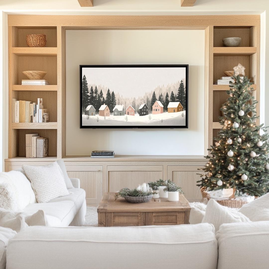 Christmas Village Frame TV Painting Pastel Winter Row Houses Digital ...
