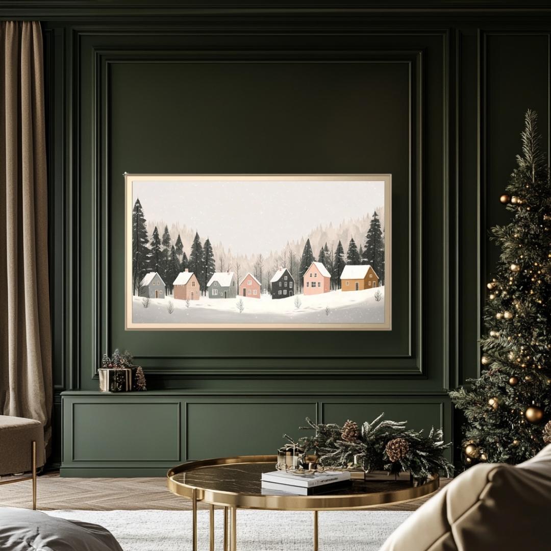 Christmas Village Frame TV Painting Pastel Winter Row Houses Digital ...