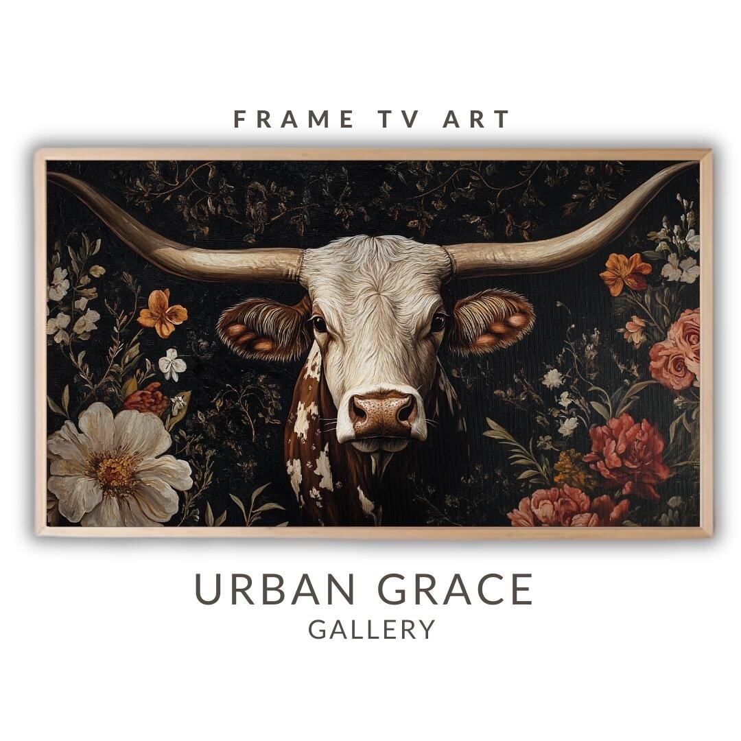 Vintage Longhorn Bull Frame TV Art Farmhouse Digital Download Rustic ...