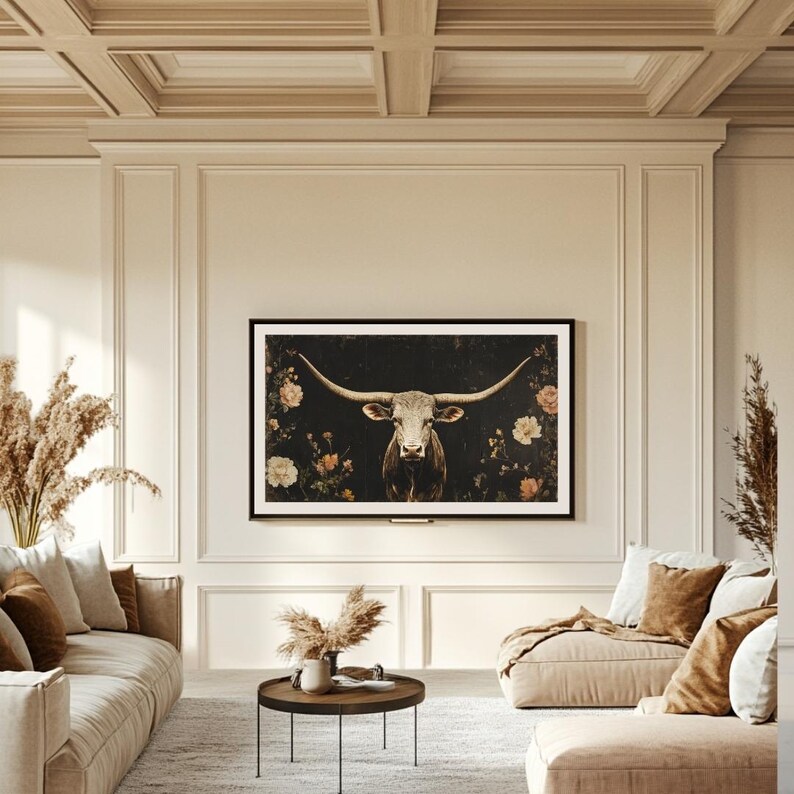 Vintage Longhorn Bull Frame TV Art Farmhouse Digital Download Rustic ...