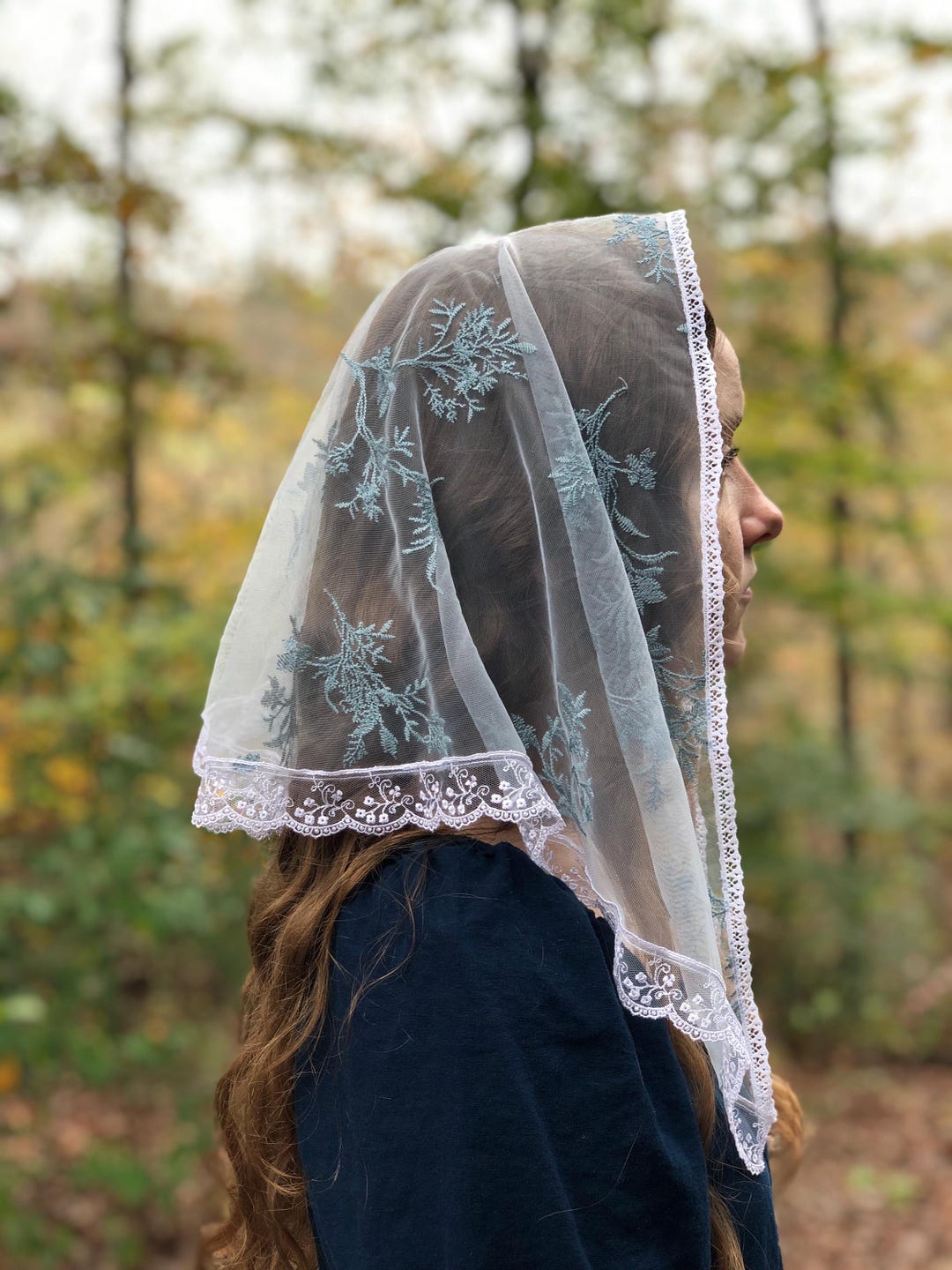 Blue and White Floral Chapel Veil WITH CLIP - Etsy