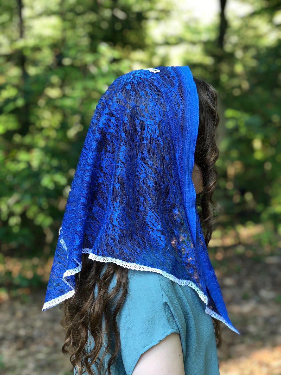 Blue and White Lace Triangle Chapel Veil for Catholic Women *WITH CLIP ...