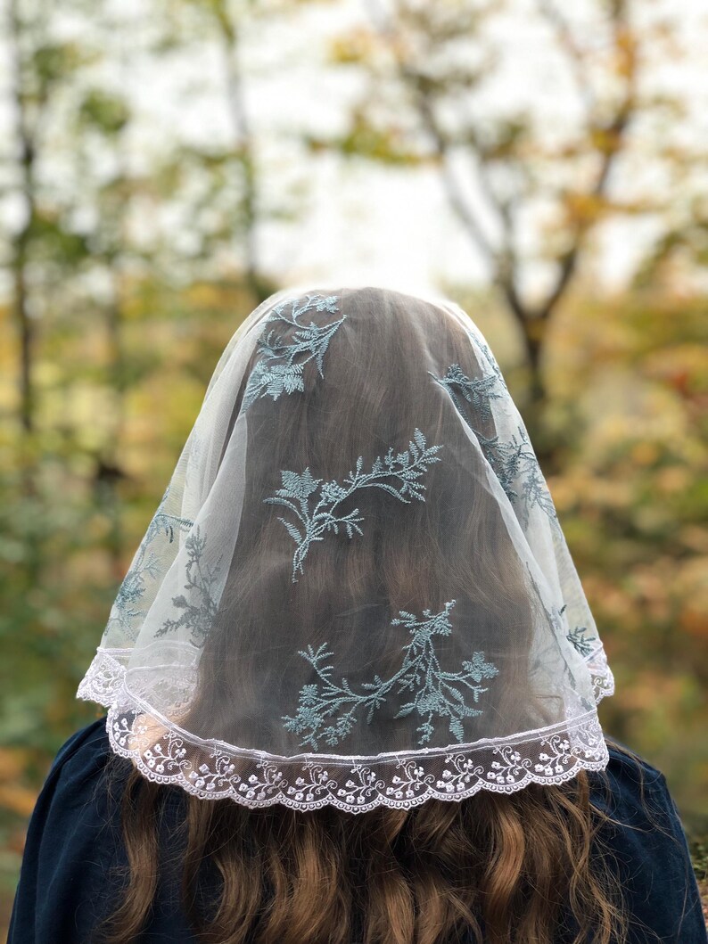 Blue and White Floral Chapel Veil WITH CLIP - Etsy