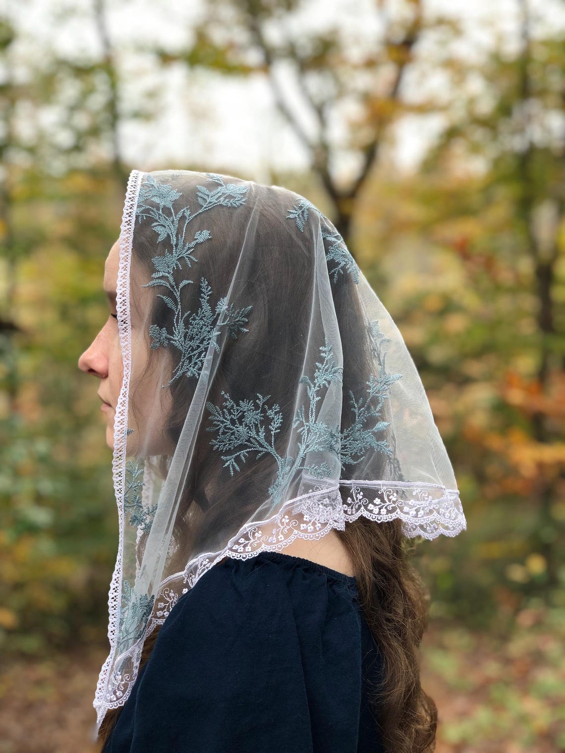 Blue and White Floral Chapel Veil WITH CLIP - Etsy