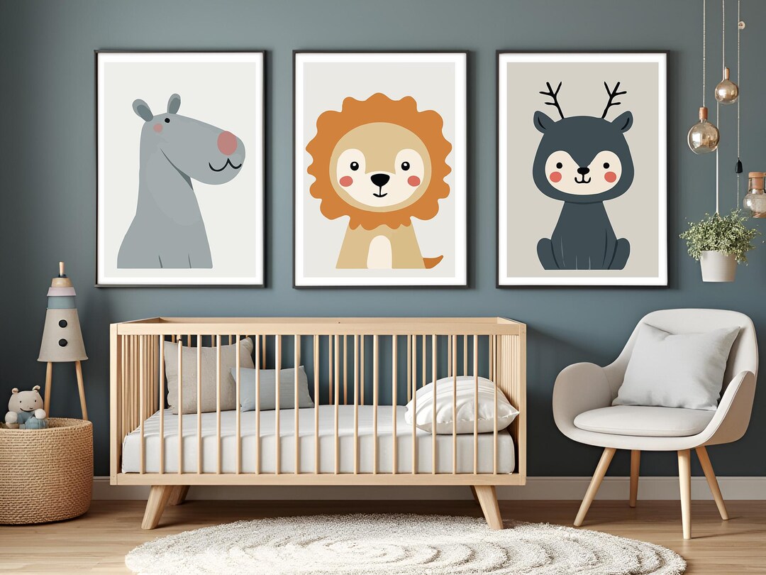 Stylized Animal Nursery Art Set – Digital Wall Art Featuring Lion, Baby ...