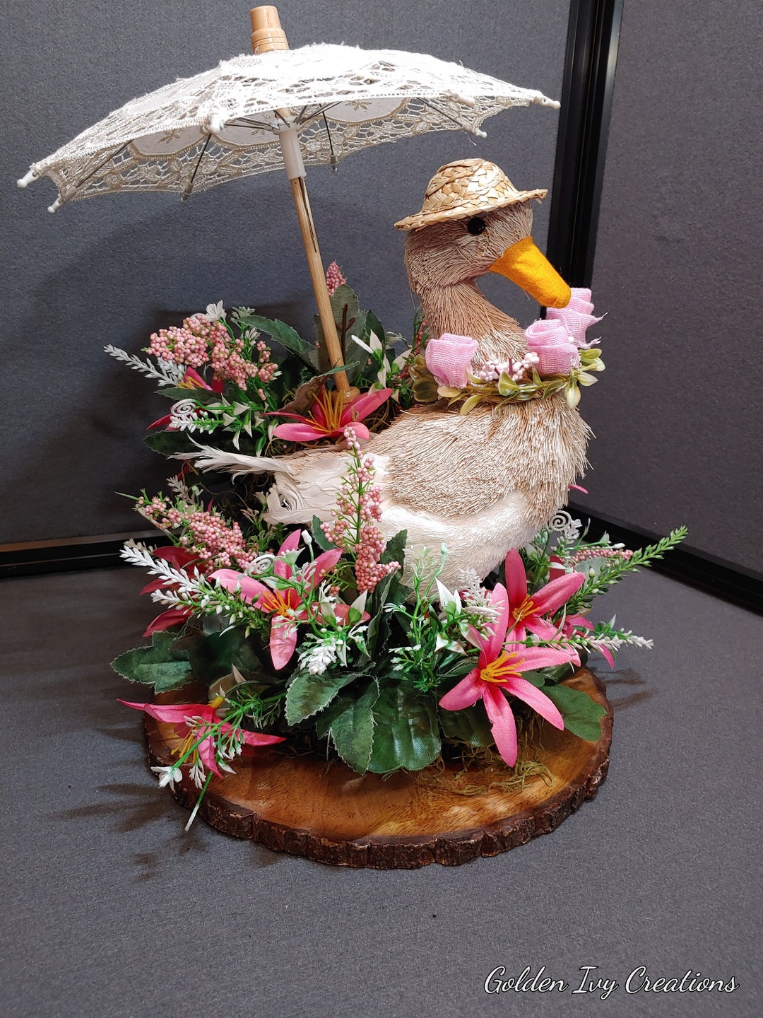Pink Floral Duck Table Décor With Greenery, Moss, and Lacy Umbrella on ...