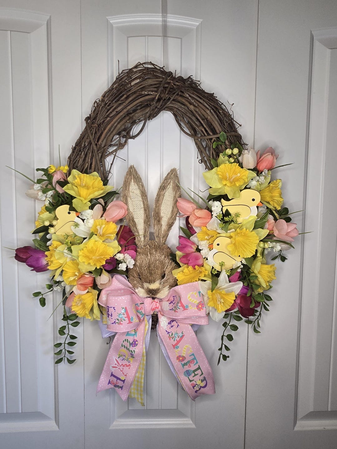 Easter Grapevine Wreath With Sisal Bunny, Wooden Ducks, and Daffodils ...