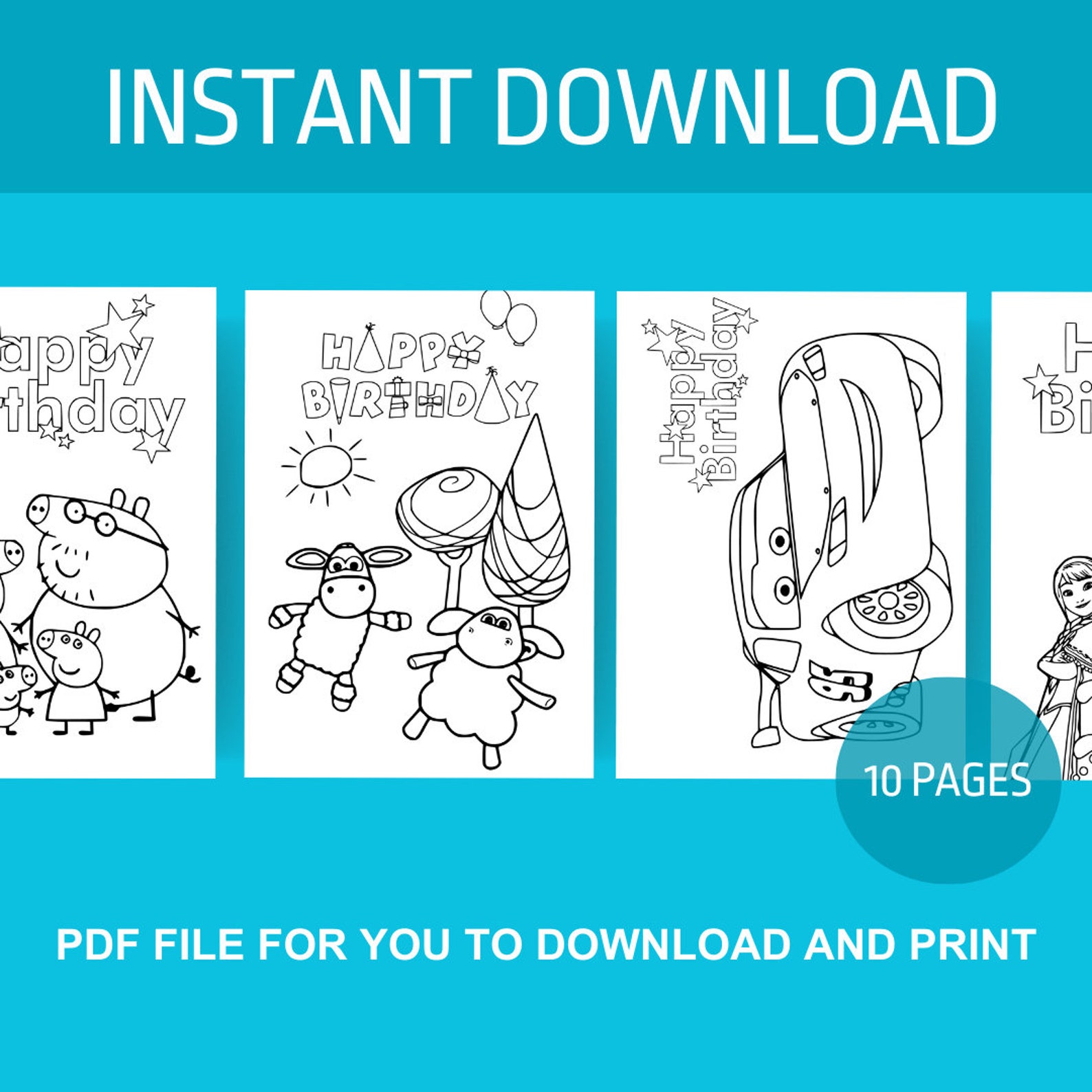 Happy Birthday Coloring Pages Popular Cartoon Design Digital Download ...