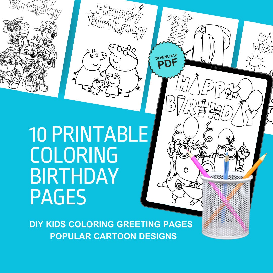 Happy Birthday Coloring Pages Popular Cartoon Design Digital Download ...