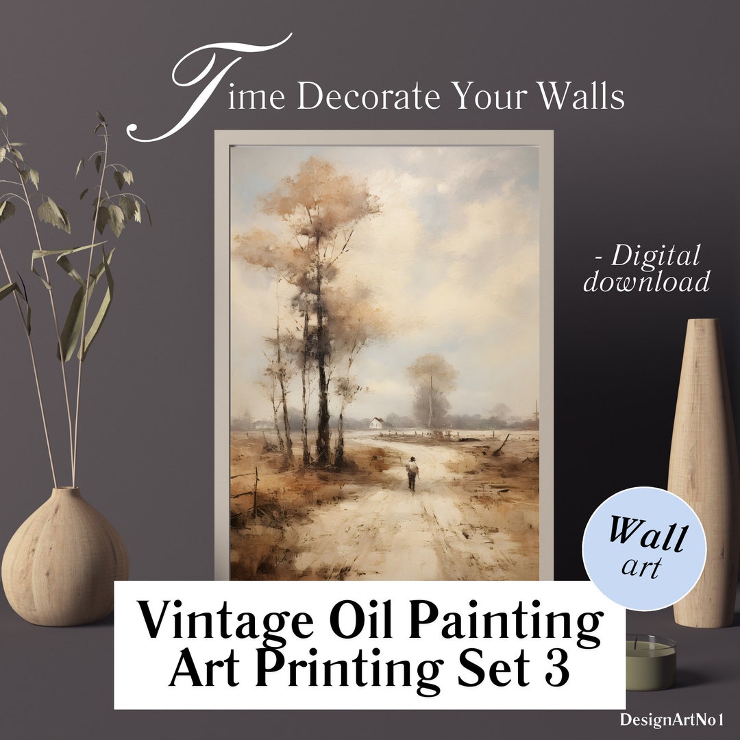 Vintage Oil Painting of Man Walking on Old Street - Digital Wall Art ...
