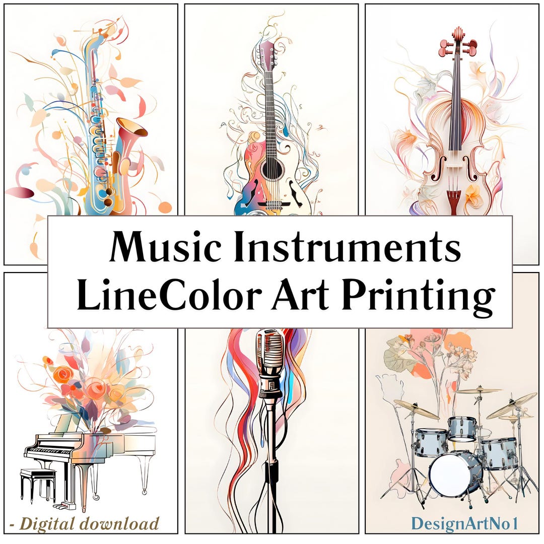 Music Instruments Line Color Wall Art - Digital Wall Art High ...