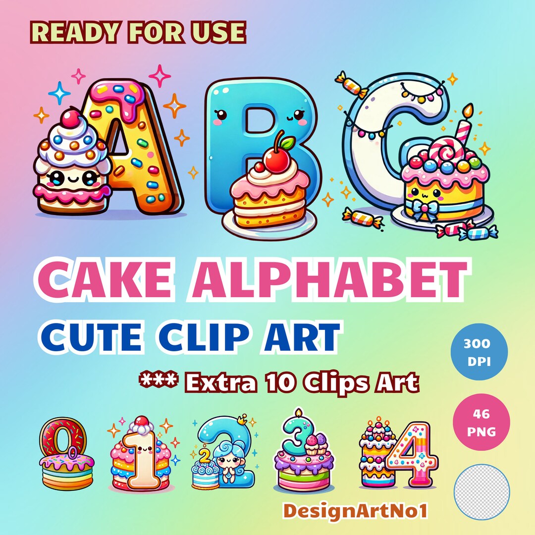Magical Cake Alphabet & Numbers Clipart Bundle Pastel Colors Doodle ...