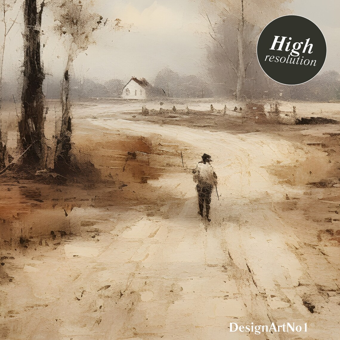 Vintage Oil Painting of Man Walking on Old Street - Digital Wall Art ...