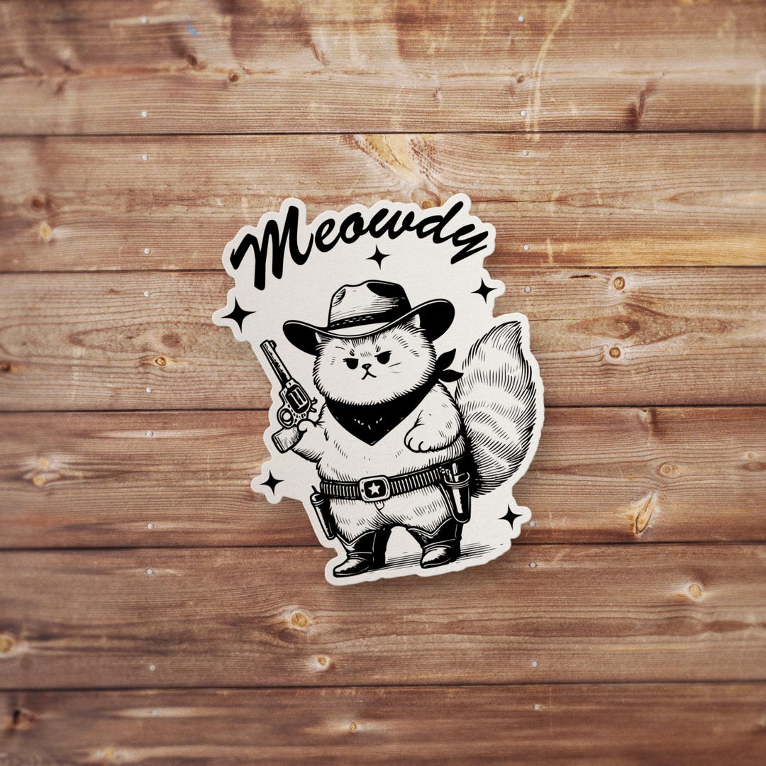 Cowboy Cat Vinyl Stickers Funny Dark Humor Sketched Animal Illustration ...