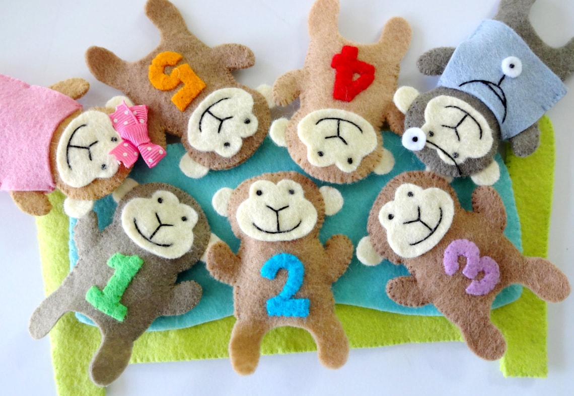 Felt Sewing Pattern - Five Little Monkeys Finger Puppet Set Felt Sewing ...