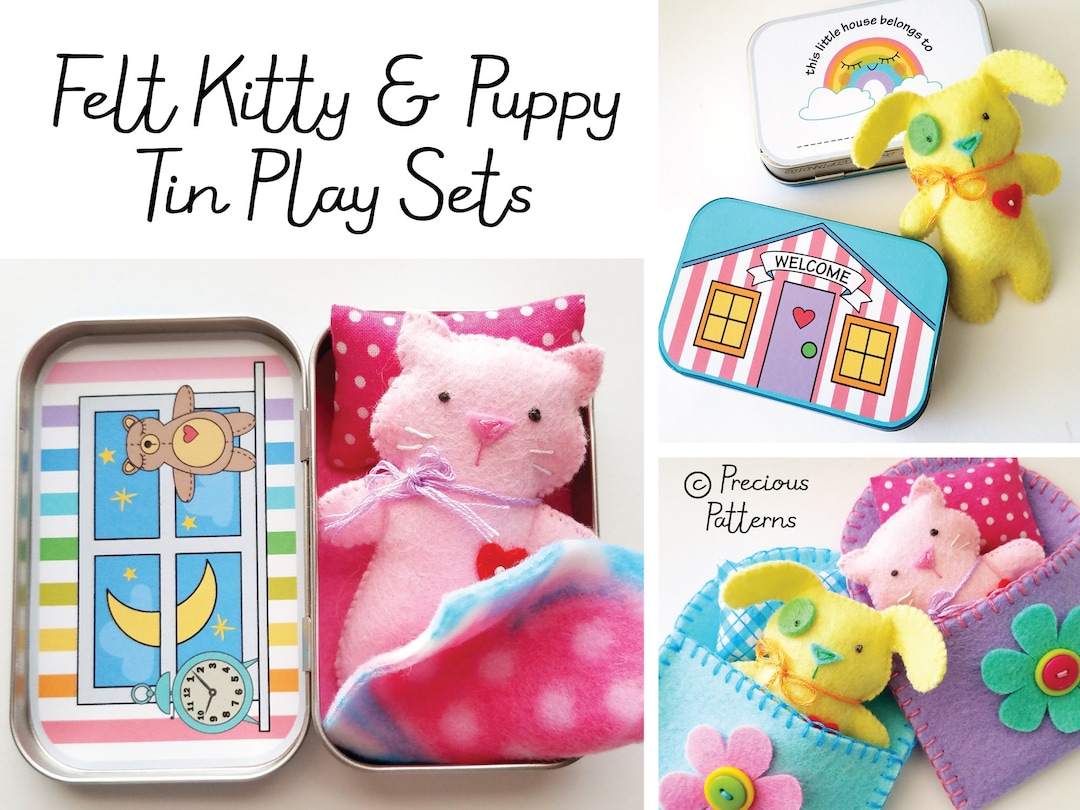 Kitty and Puppy Tin Play Sets Felt Sewing Pattern Toy - Cat - Dog ...