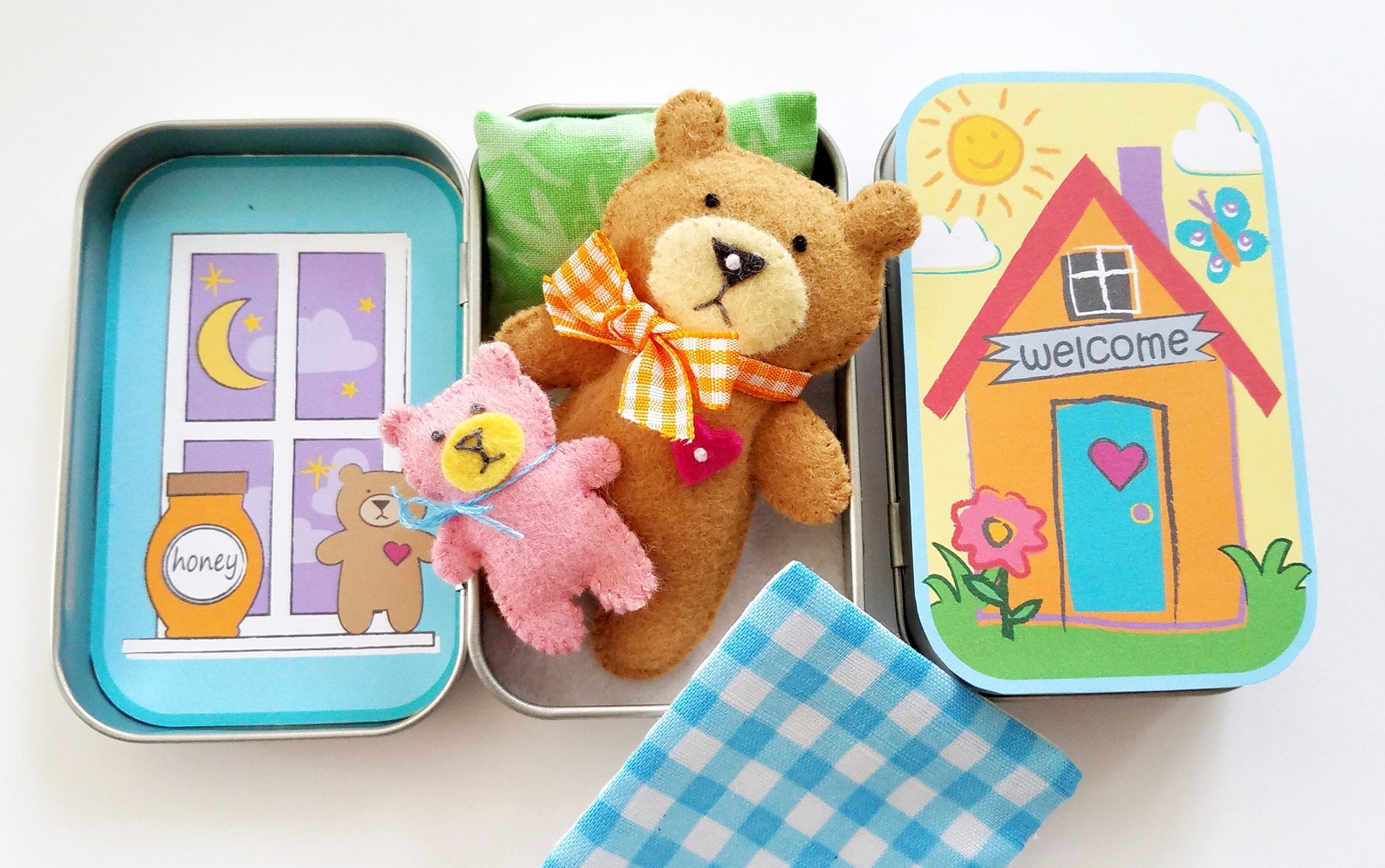 Bear Tin Play Set Felt Sewing Pattern Toy Teddy Bear Sleeping Bag ...