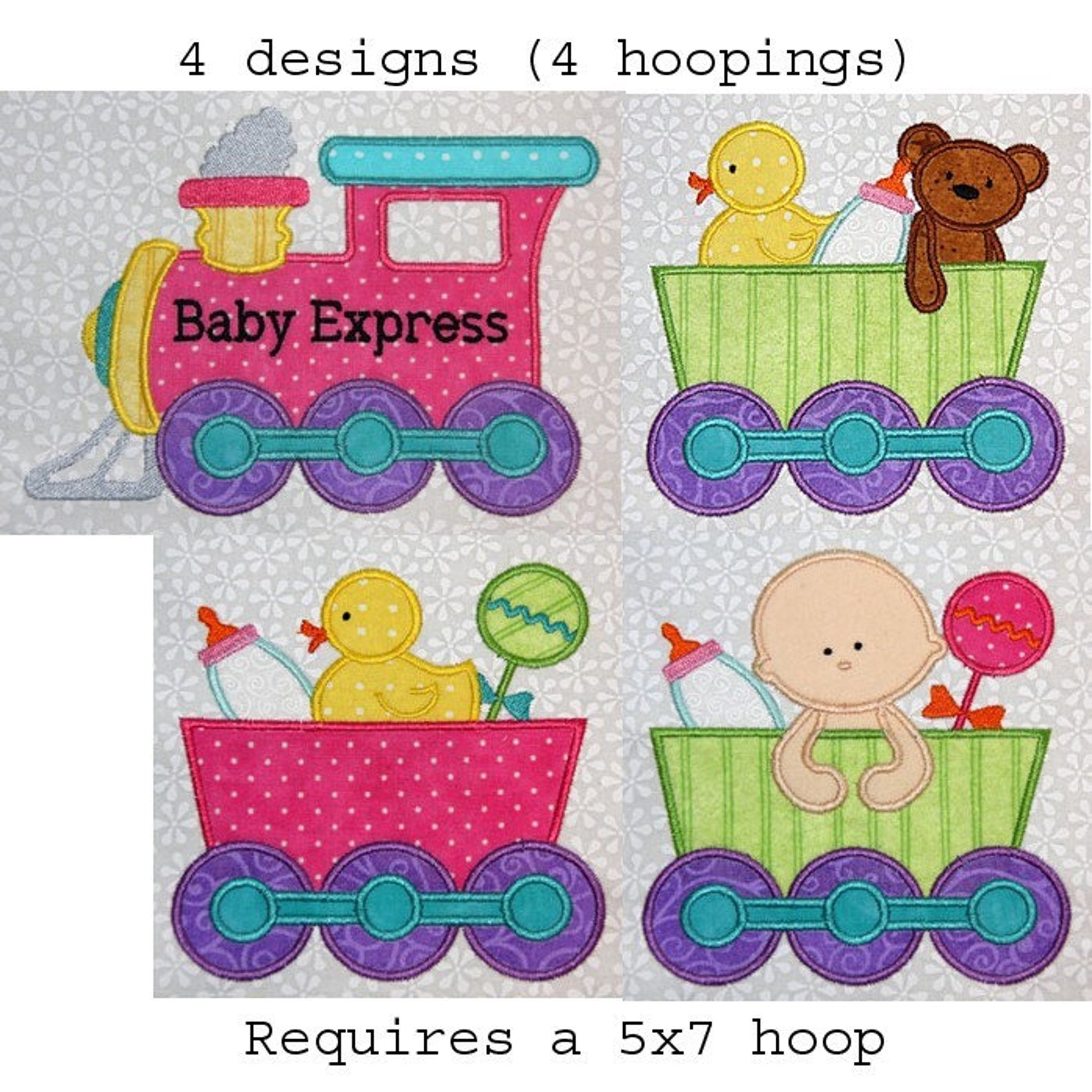 BABY Train Set of 4 Designs Applique Embroidery Machine-5x7 Hoop Cute ...