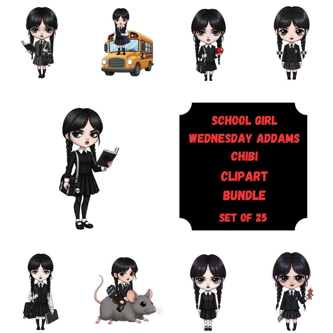 Wednesday Addams Chibi PNG Bundle: School Girl Sublimation Designs ...