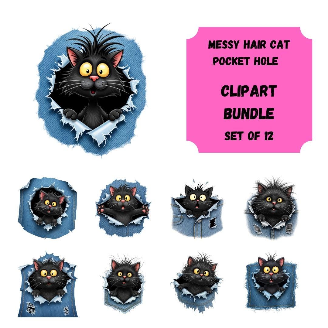Messy Hair Cat Pocket Hole Set of 12 Sublimation Bundle |PNG Print ...
