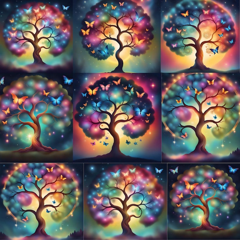 Butterfly Glowing Tree of Life Set of 6 seamless Patterns instant ...