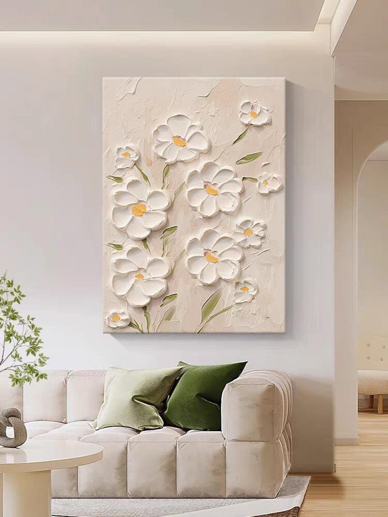 3D Palette Knife Painting, Large Original White Flower Textured Canvas ...
