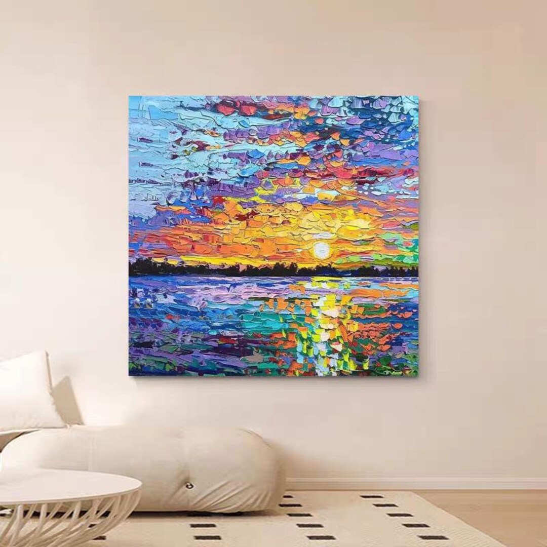 Square Impressionism Beach Sunset Oil Painting, Large Original Colorful ...