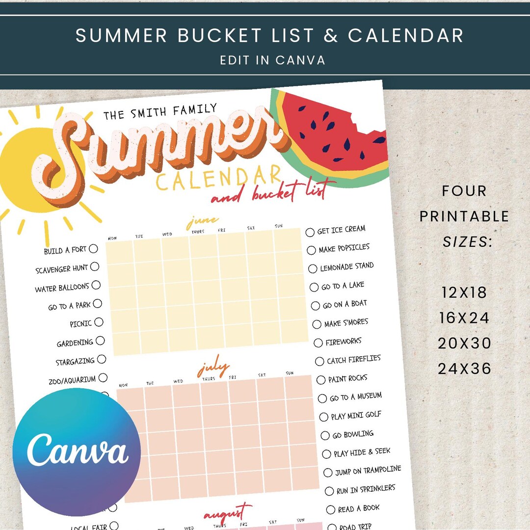 Printable Summer Calendar Poster, Summer Activities Calendar, Bucket ...