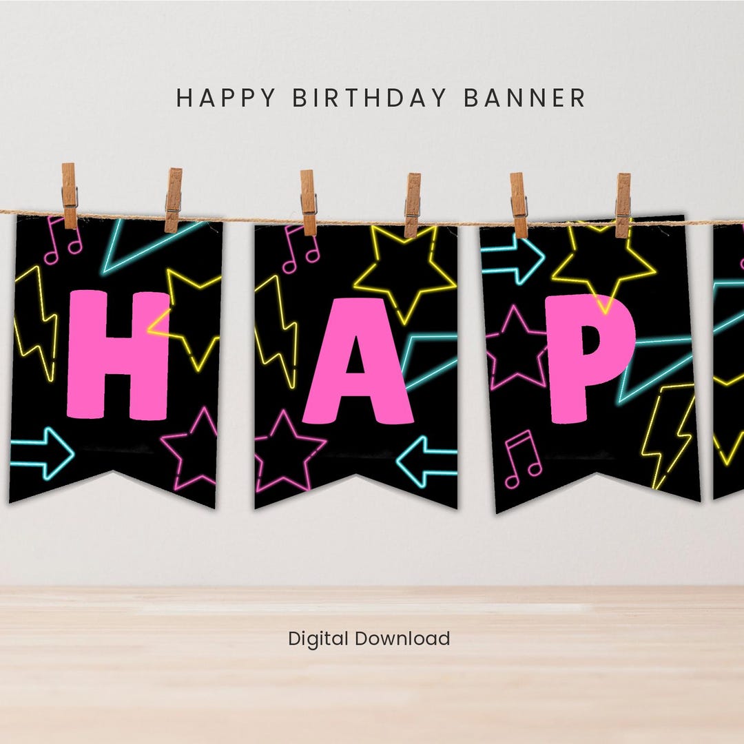Neon Happy Birthday Banner | Glow Party Printable Decor | Digital ...