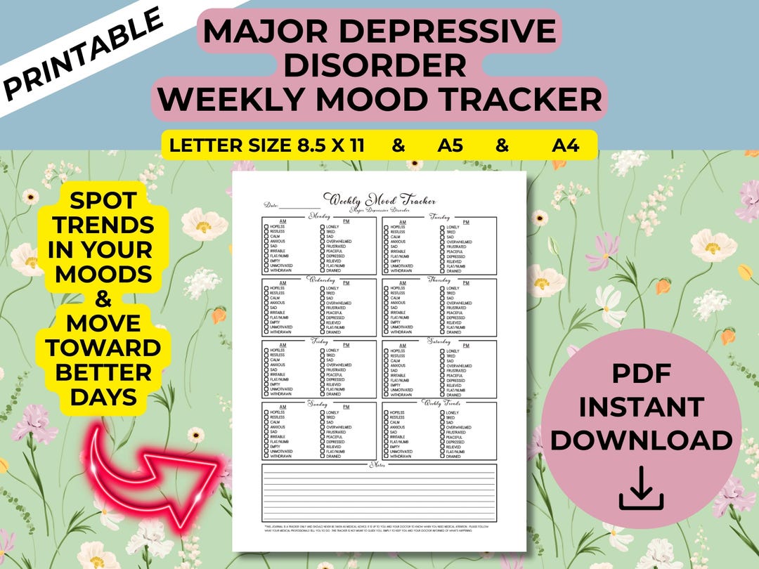 Printable Major Depressive Disorder Weekly Mood Tracker PDF, Depression ...